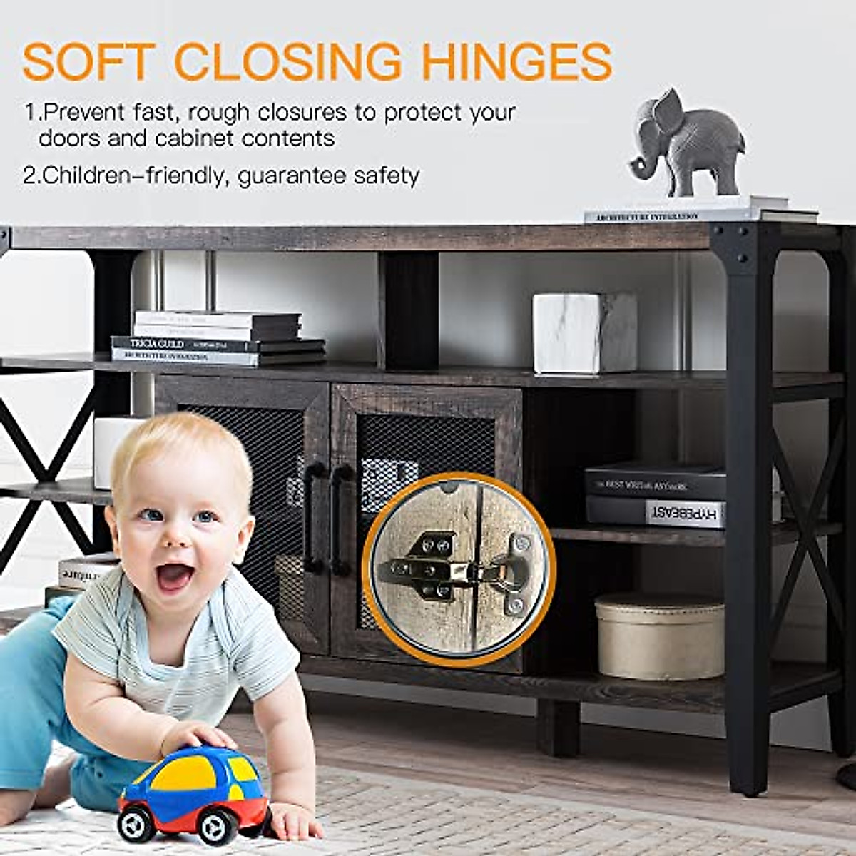 OKD TV Stand Industrial Rustic Entertainment Center for 65 Inch TV, 33" Tall Wood Media TV Console Cabinet Table w/Soundbar Shelf & 2" Wide Metal X-Frame for Living Room, Dark Rustic Oak