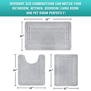 Memory Foam Bathroom Rug Velet Bath Mats Sets 3 Pieces Ultra Soft Non Slip and Absorbent Toilet Mats Set Carpet Washable, Light Grey, Square Pattern
