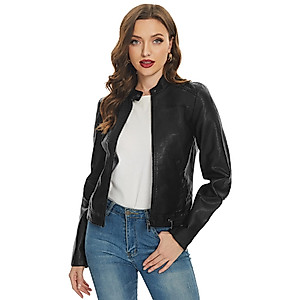 Fahsyee Black Faux Leather Jackets for Women Zip Up Motorcycle Short PU Moto Biker Outwear Fitted Slim Coat Size XL