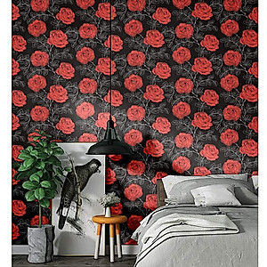Yifasy Red Rose Shelf Liner Self-Adhesive Floral Drawer Paper Protect Furniture Wall Surface Decor Girls Makeup Box Wallpaper Roll 118x17.7 Inch