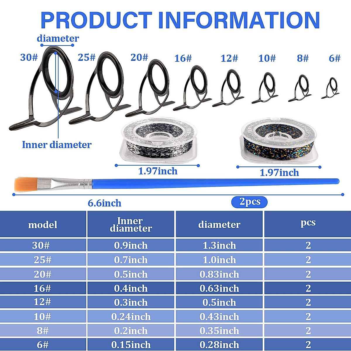 Fishing Rod Repair Kit 16pcs 8 Sizes Spinning Casting Rod Guides Eyelet Set 2pcs Brush 2pcs Wrapping Thread Ceramic Guides Rings Replacement Parts Repair for Baitcasting Sea Rods