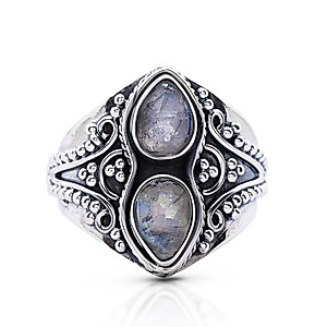Koral Jewelry Moonstone 2 Stones Gipsy Vintage Ring 925 Sterling Silver US Size 7 8 9 (6)
