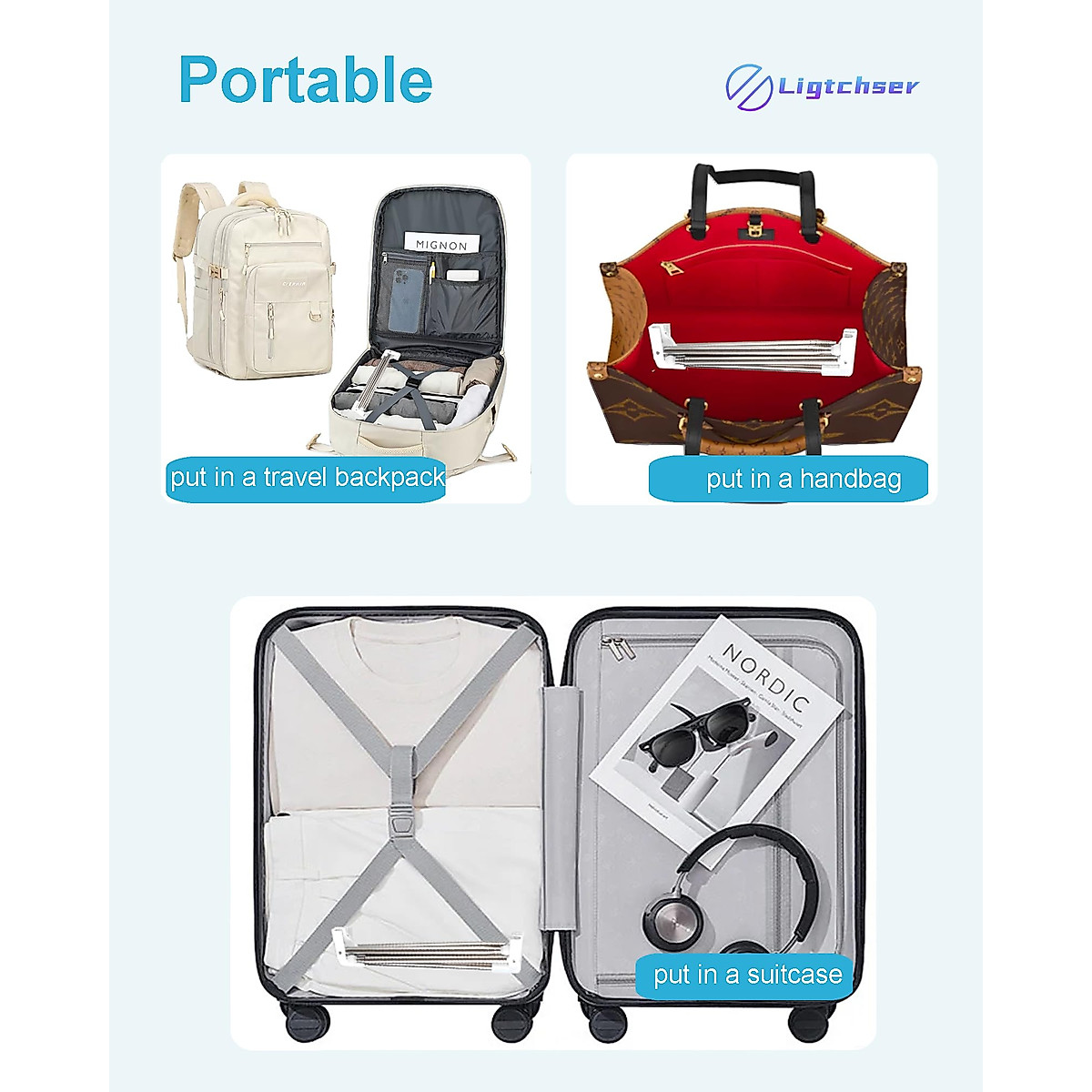 Ligtchser Portable Travel Garment Rack,Folding Clothes Rack for Dance,Travel,Camping, Drying,RV, Indoor,Outdoor. A Collapsible Mini Clothing Rack.