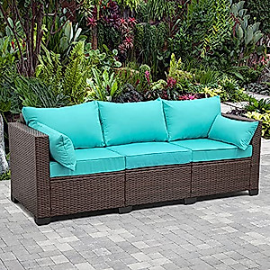 3-Seat Patio PE Rattan Wicker Couch, Outdoor Rattan Sofa Furniture Steel Frame with Furniture Cover and Deep Seat High Back, Turquoise Anti-Slip Cushion Furniture Cover