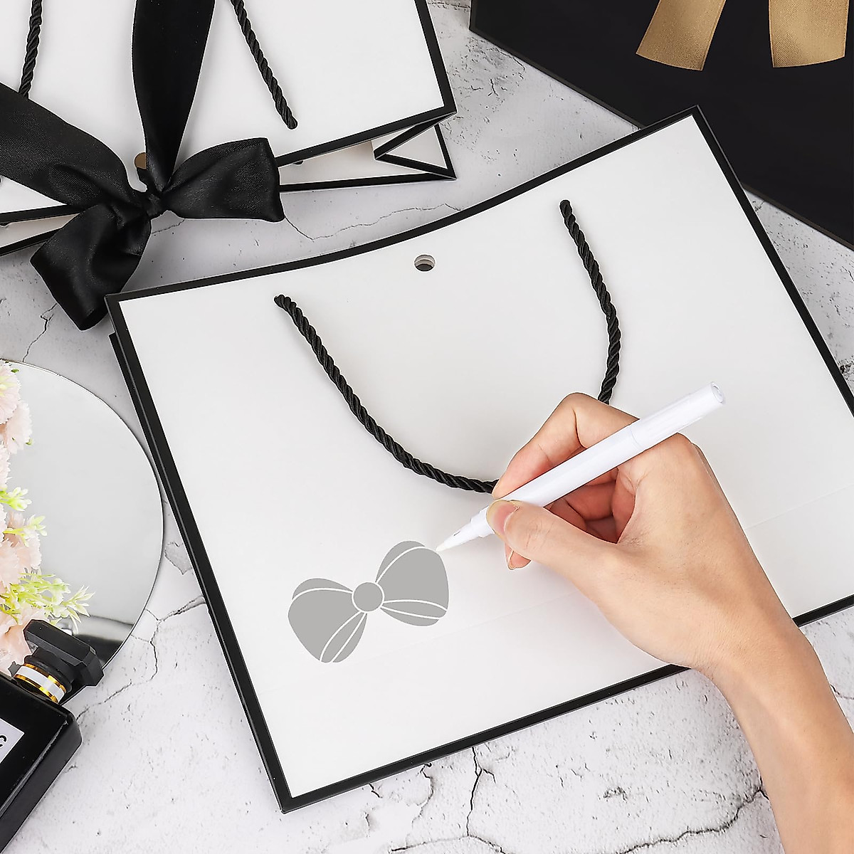 ALEXPRE 12 Pcs White Gift Bags with Handle and Tissue 11.8 x 10 x 4'' Large Paper Bags, Thank You Gift Bag with Bow Ribbon for Wedding Bridal Shower Groomsmen Birthday Party Baby Shower(White-Black)