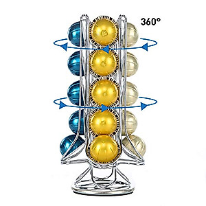 FlagShip Coffee Pod Holder 360-Degree Rotatable Nespresso Vertuoline VertuoPlus Capsules Coffee Pods Capsules Stand Storage Rack Single Serve, Silver Metal(20 Pods)