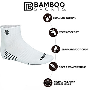 Premium Bamboo Crew Work Socks- Quarter High Moisture Wicking, Odor Eliminating White Quarter Crew Socks for Men Size 6-8 - 3 Pair