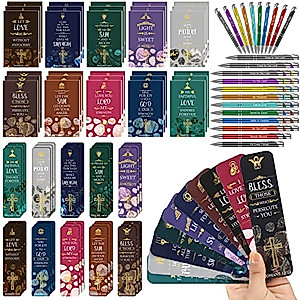 120 Pieces Bible Gifts Set Include 30 Bible Verses Bookmarks Christian Book Markers 30 Scripture Ballpoint Pens 30 Christian Notebooks 30 White Organza Bags for Women Men School Office Church Supplies