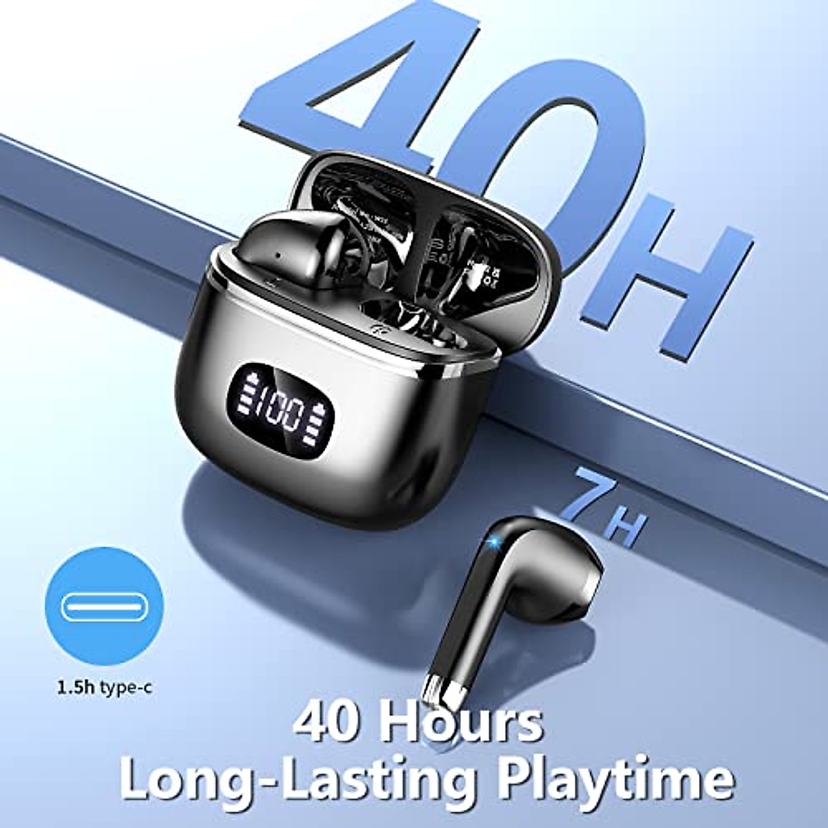 POMUIC Wireless Earbuds V5.3 Bluetooth Headphones 40H Playback with LED Digital Display Charging Case Stereo Sound Earbuds with Mic IPX7 Waterproof Earphones for Cell Phone Computer Laptop Sports