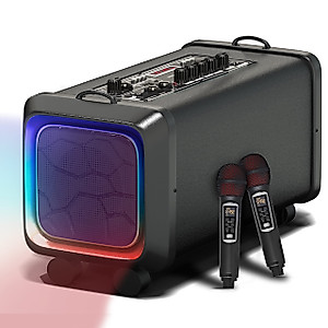 MASINGO Bluetooth Karaoke Machine for Adults and Kids - 2 Wireless Karaoke Microphones with Duet Mic Stand - Portable PA Speaker System, Disco Ball, Party Lights, TV Cable & Guitar Plug in - Lento X5