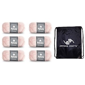 Patons Grace Blush 246062-62416 (6-Pack - Same Dye Lot) DK Light Worsted #3 Cotton Yarn for Crocheting and Knitting - Bundle with 1 Artsiga Crafts Project Bag