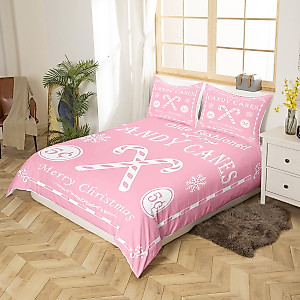 jejeloiu Christmas Bedding Set Queen Size Kids Christmas Quote Comforter Cover Set for Boys Girls Teens Candy Canes Print Duvet Cover Xmas Bedspread Cover Room Decorations Pink White Quilt Cover