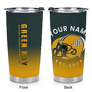 Custom Green Bay Tumbler 20oz Stainless Steel with Lid & Straw Personalized Football Fans Gifts for Women Men Travel Cup Insulated Tumbler Add Name Number