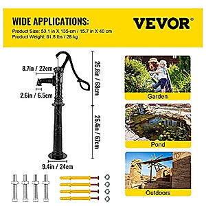 VEVOR Hand Water Pump Cast Iron, Vintage Pitcher Pump & Pump Stand 26‘’ Height, Max 20ft Pump Depth, Easy Installation, Heavy-duty Well Pump, Antique Pitcher Water Pump for Yard, Garden, Farm, Black