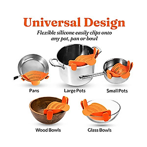 Kitchen Snap N Strain Pot Strainer and Pasta Strainer - Adjustable Silicone Clip On Strainer for Pots, Pans, and Bowls (Orange)