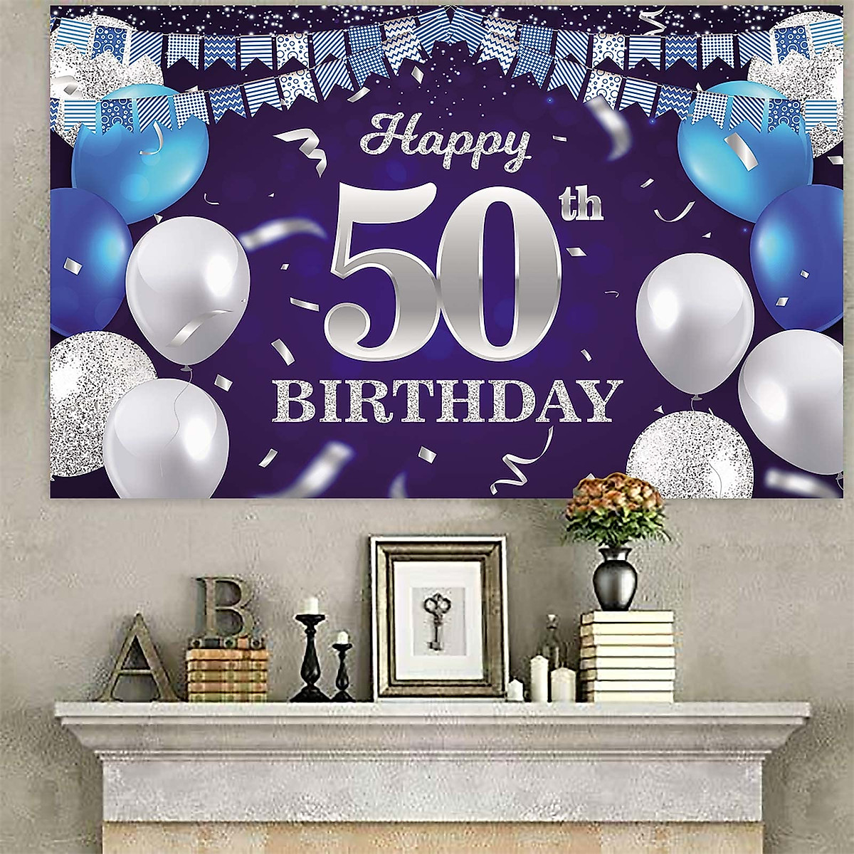 Happy 50th Birthday Banner Backdrop Navy Blue Balloons Confetti Stripe Flag Light Spots Cheers to 50 Years Old Theme Decorations Decor for Women Men 50th Birthday Party Bday Supplies Glitter Silver