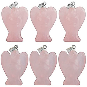 TUMBEELLUWA Guardian Angel Handmade Carved Healing Stone Crystal Pendant with Metal Alloy Chain, Rose Quartz