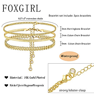 Foxgirl Dainty Gold Bracelets for Women, 14k Gold Plated Layered Bracelets Simple Cute Gold Herringbone Cuban Chain Bracelets for Women Aesthetic Jewelry Gifts