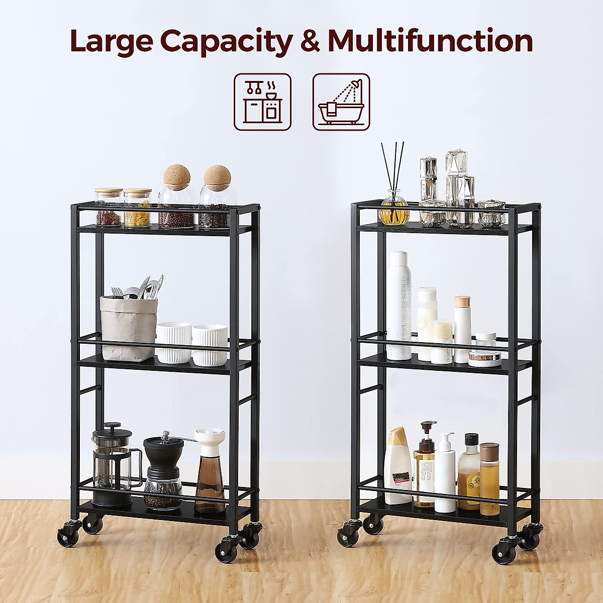 MAHANCRIS Slim Rolling Cart, Mobile Kitchen Cart on Wheels, Narrow Storage Cart for Small Space, Wooden Service Cart, for Bathroom, Laundry, Living Room, Black RCHB1501