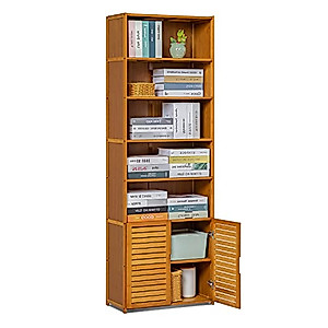 MoNiBloom 7 Tier Bookcase with Shutter Doors Bamboo Free Standing Display Shelf Organizer Stand for Home Office Living Room, Brown