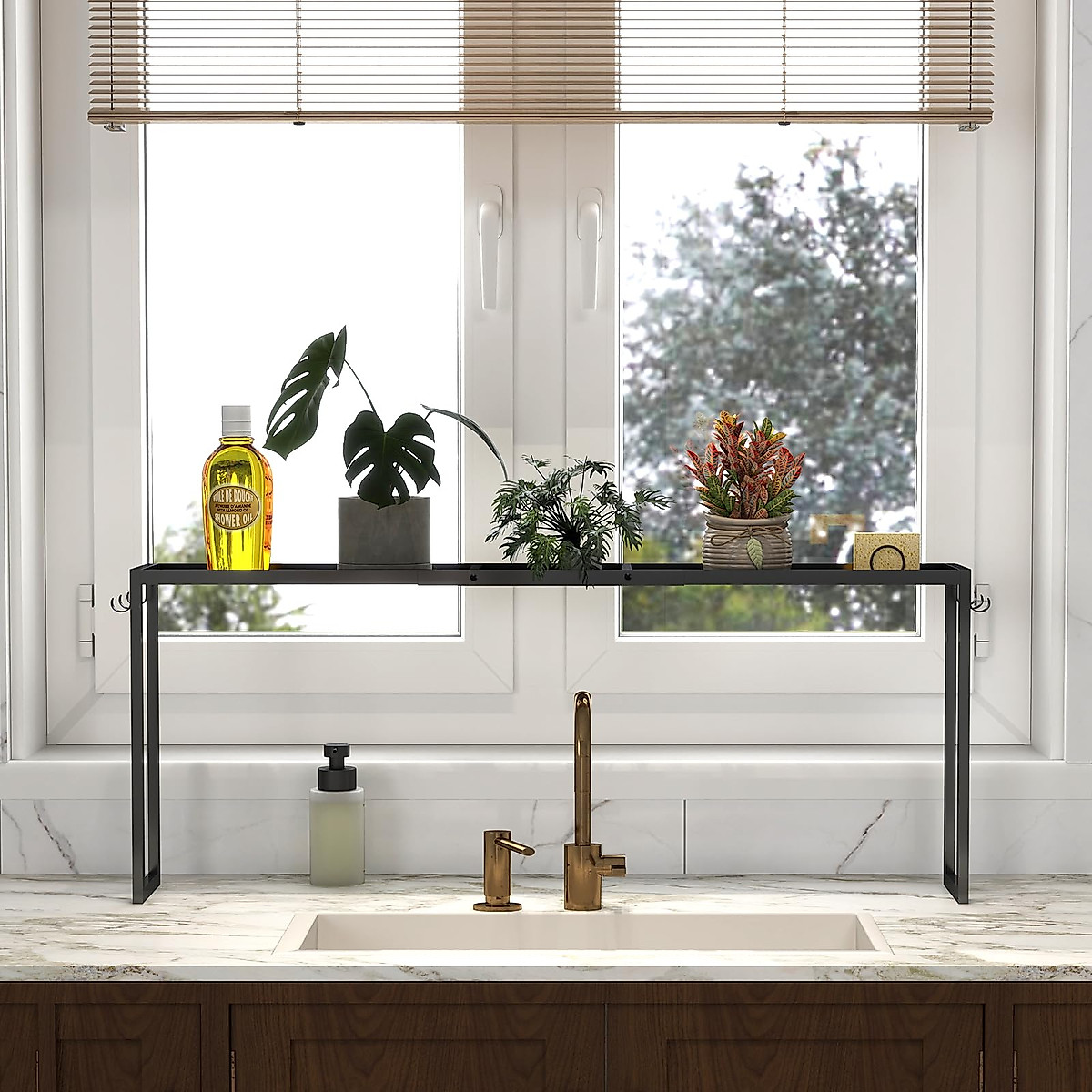 STWWO Over the Stove Shelf, 31.5" Stove Top Shelf Spice Rack, Kitchen Countertop Organizer with 6 Hooks, Seasoning Organizer, Black