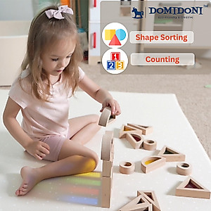 DomiDoni Wood Building Blocks Set - Montessori Toys Wooden Stacking Blocks for Toddlers Baby Boys and Girls - Preschool Shape Sorting and Stacking Wooden Toys Gifts for Kids