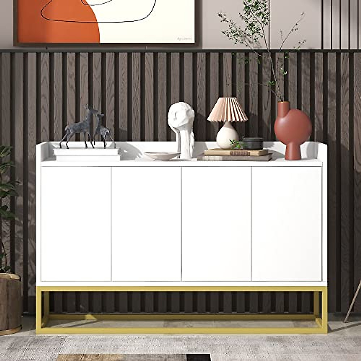 Modern Sideboard Elegant Buffet Cabinet with 4 Doors Storage Cupboard and Display Shelves,Buffet Server Console Table Floor Cabinet with Gold Metal Base for Dining Room/Entryway/Kitchen (White)