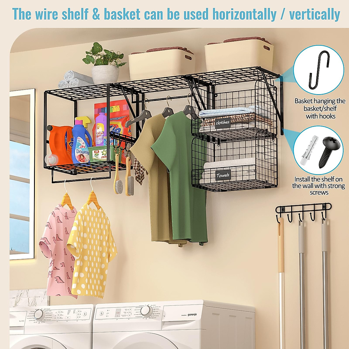 ThreeHio 3 Pack Laundry Room Shelves Wall Mounted with Wire Storage Baskets, Over Washer and Dryer Shelves with Hanging Rods and Hooks, Wire Wall Shelves Baskets for Laundry Organization and Storage