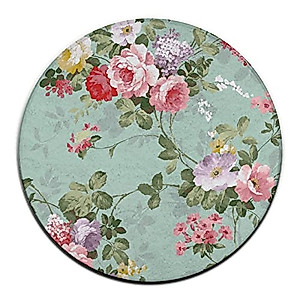 Luxury Soft Round Area Rug Home Decor for Bedroom Living Room Office, Shabby Chic Flowers Roses Pedals Dots Leaves Buds Spring Season Theme, Fashion Throw Rug Circle Carpet, 5ft Diameter