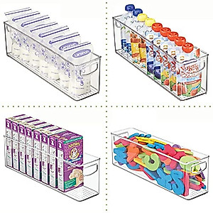 mDesign Plastic Long Stackable Storage Organizer Container, Organization Bin w/Handles for Kitchen, Pantry, Fridge, Freezer, Cabinet, Perfect to Hold Breast Milk - Ligne Collection - 4 Pack, Clear