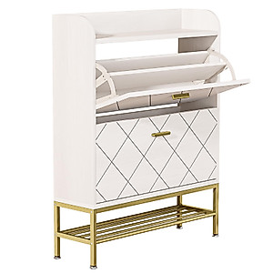 VTRIN Shoe Cabinet with 2 Flip Drawers, Wooden Shoe Organizer Cabinet Modern Sturdy Hidden Shoe Rack Cabinet with Metal Legs Narrow Shoe Cabinet for Entryway Shoe Storage Cabinet, White