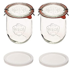Weck Jars - 1 Liter - Large Sour Dough Starter Jars - Tulip Jar with Wide Mouth - Suitable for Canning and Storage - 2 Sourdough Jars with (Jars, Glass Lids & Keep Fresh Covers)