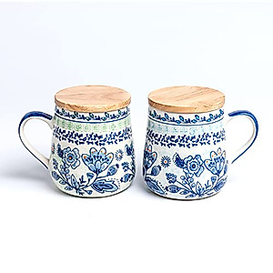 Taimei Teatime Coffee Mug with Lid, Set of 2, 16.5 oz, Ceramic Coffee Mugs with Handpainted Floral Pattern, Mugs Gift Set for Tea Lover, Woman and Couple, Microwave and Dishwasher Safe