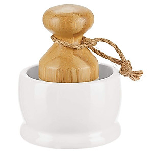 mDesign Bamboo Wood Round Mini Palm Scrub Brush with Holder for Kitchen Sink, Bathroom, Household Cleaning - Wash Dishes, Pots, Pans, Vegetables - Echo Collection - White/Natural