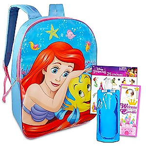 Ariel Backpack for Toddler Girls - Bundle with 15” Little Mermaid Backpack for Girls 4-6, Disney Princess Stickers, Water Pouch, More | Disney Little Mermaid Backpack Kids