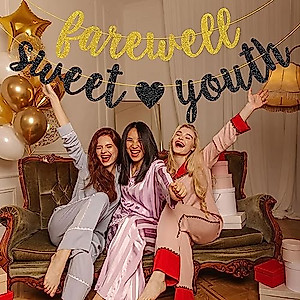 Helewilk Gold & Black Glitter Farewell Sweet Youth Banner, Funeral for My Youth Birthday Garland for 30th 40th 50th 60th Birthday Party Decoration, Funny Women Men Birthday Party Bunting Decor