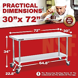 DuraSteel Food Prep Stainless Steel Table - 30 x 72 Inch Metal Table Cart - Commercial Workbench with Caster Wheel - NSF Certified - For Restaurant, Warehouse, Home, Kitchen, Garage,Silver