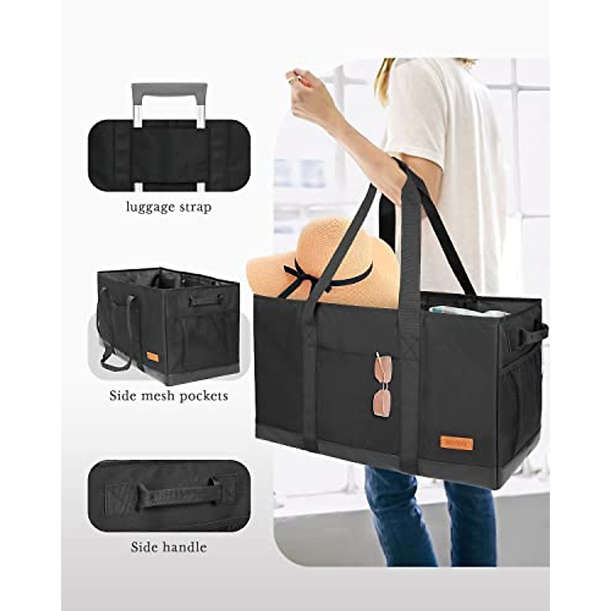 WONDAY Large Stand Up Utility Tote Bag, Reusable Grocery Bags Foldable with Waterproof Bottom, Extra Large Tote Bag with Handles and Pockets for Grocery Stores, Picnics, Beaches, Camping