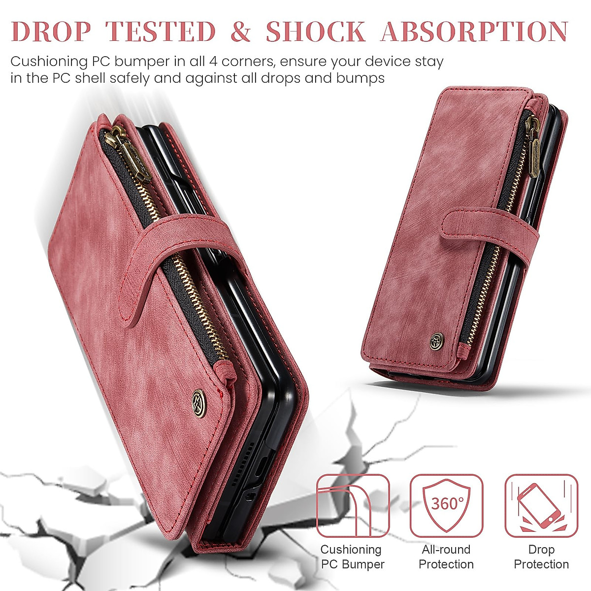 ANROD Wallet Case for Samsung-Galaxy-Z-Fold-5-5G,PU Leather Flip Magnetic Closure Shockproof Zipper Purse Cover for Samsung Galaxy Z Fold 5 5G,with Card Slots (Red)