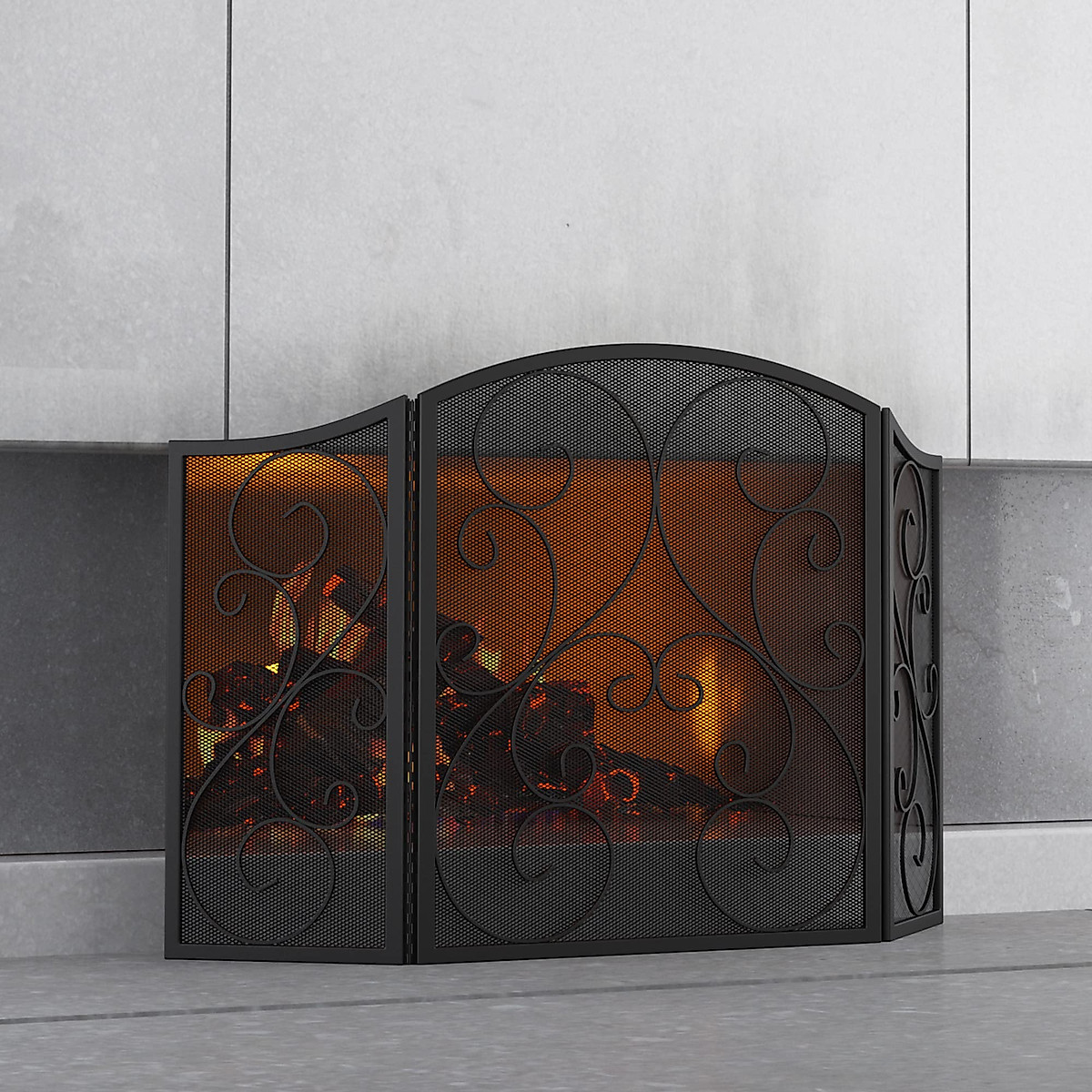 Fire Beauty Fireplace Screen 3 Panel Wrought Iron Metal 48"(L) x30(H) Spark Guard Cover(Sanded Black)