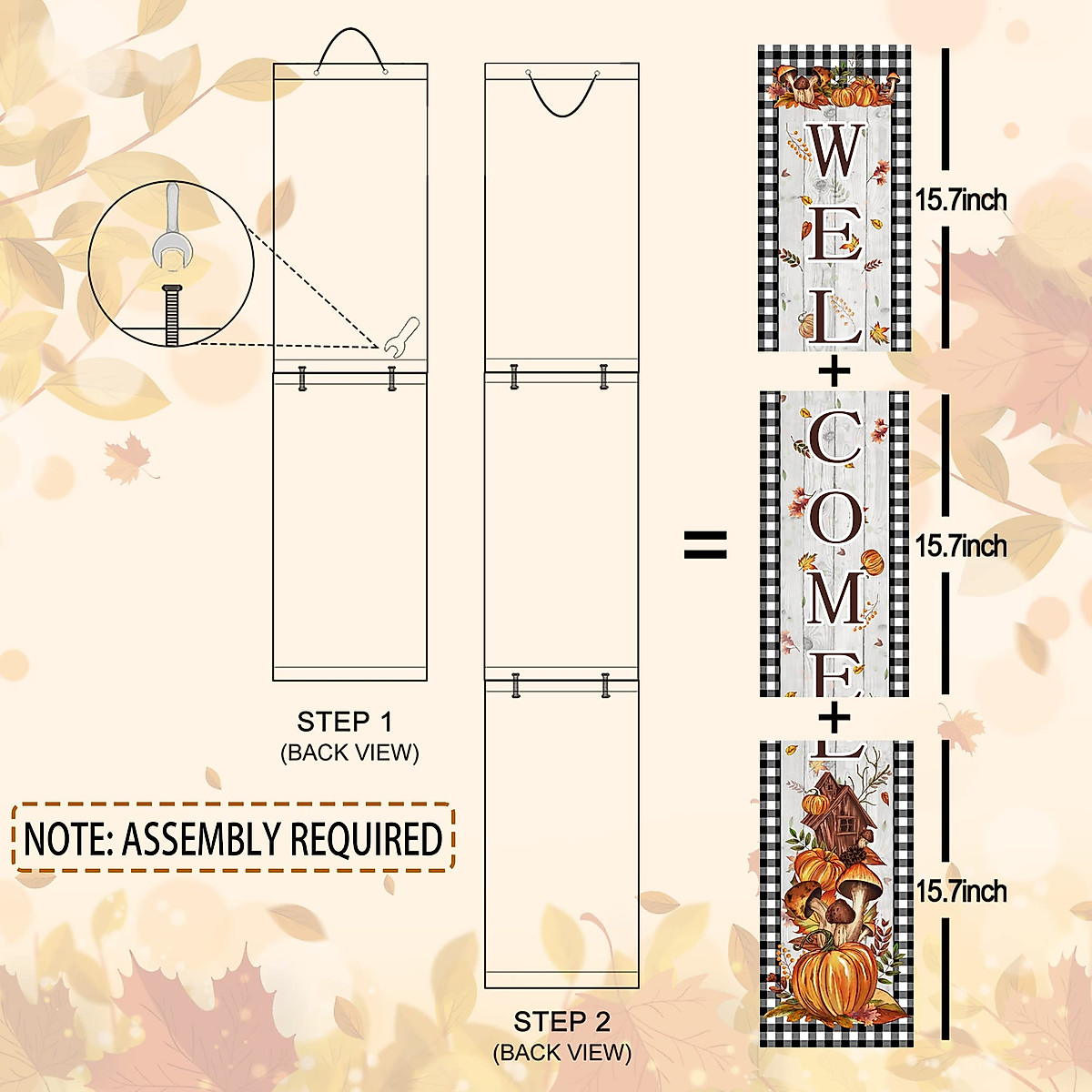 Fall Welcome Porch Sign Autumn Wooden Door Sign 47'' Large Buffalo Plaid Porch Sign for Pumpkin Sign Home Front Door Yard Party Decor