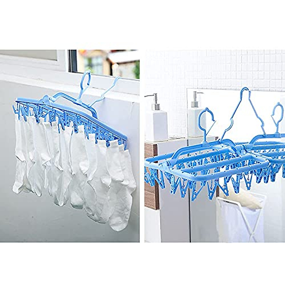 Radefasun Clip and Drip Hanger with 32 Clips Plastic Swivel Hook Portable Folding Drying Rack Baby Clothes Hanger Foldable Travel Accessories for Socks Bras Lingerie Towels Underwear Gloves Blue