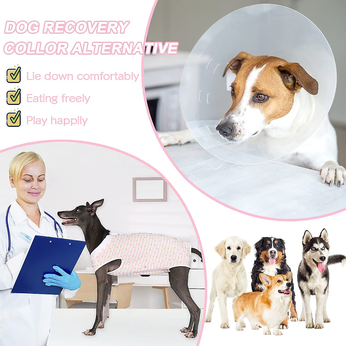 Etdane Recovery Suit for Dog Cat After Surgery Dog Surgical Recovery Onesie Female Male Pet Bodysuit Dog Cone Alternative Abdominal Wounds Protector Pink Stripe/Star/Medium