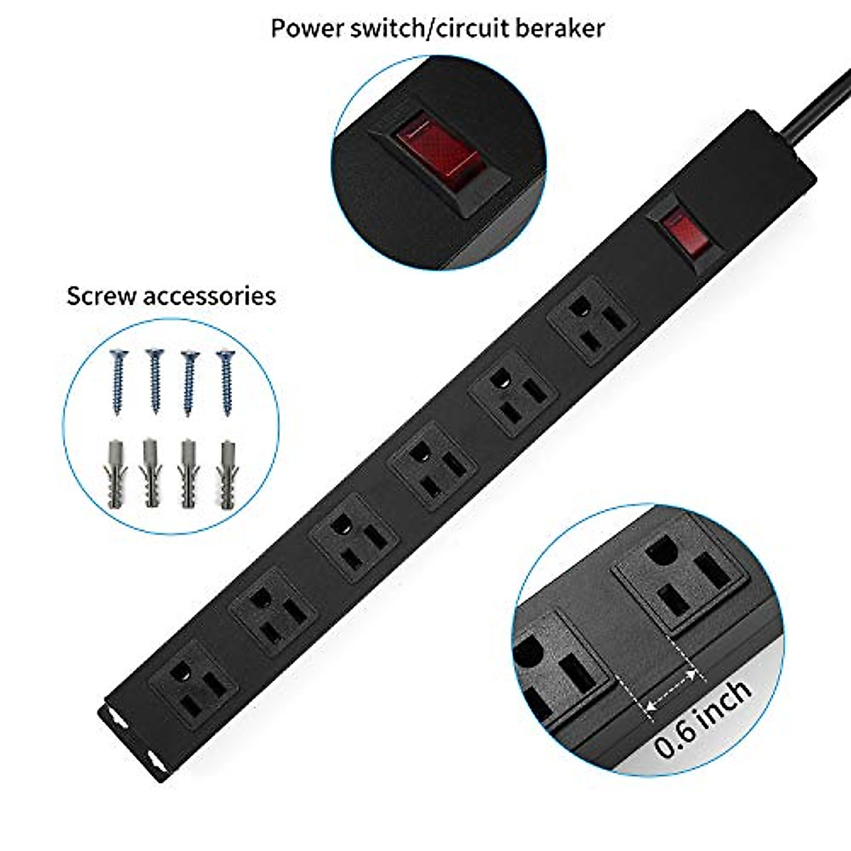 6 Outlets Metal Power Strip, Wall Mount Heavy Duty Power Outlet with Switch, Aluminum Alloy House, 14AWG Power Cord, 15A 125V 1875W, Black (6 FT)