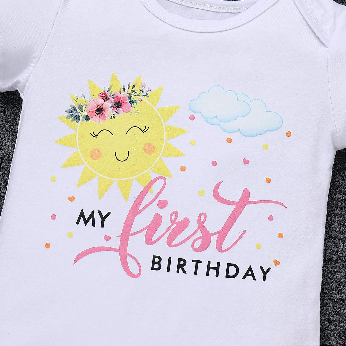 IDOPIP Sunshine One Birthday Outfit Baby Girls Sunshine Romper + Ruffle Tulle Skirt + Flower Headband 3PCS Party Princess Dress Tutu Clothes for Cake Smash Photo Shoot Yellow Sunshine - One 12 Months