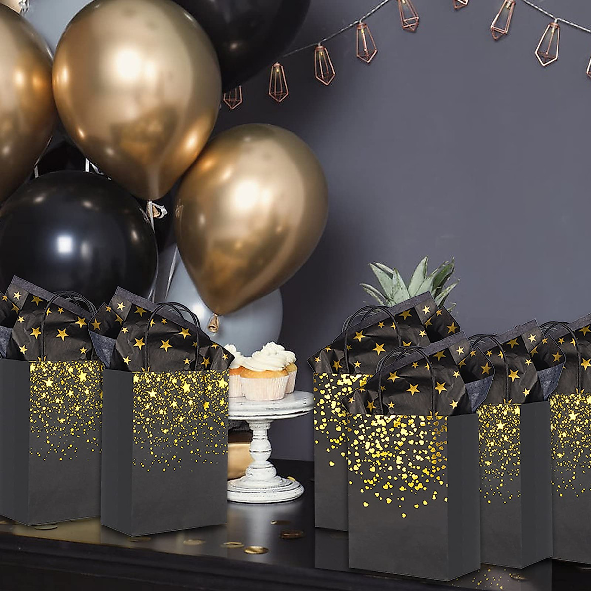 Sharlity Small Black Gold Gift Bags 24pcs Party Paper Bags with Star Tissue Paper for New Year, Birthday, Wedding, Bridal, Baby Shower, Black and Gold Party Supplies (8.3 x 5.9 x 3.1inch)