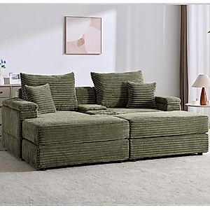 Suheww Oversized Loveseat Sectional Sofa Couch with Ottomans, Oversized 2-Seater Green Corduroy Chaise Lounge Chair with USB Ports, Corduroy Sofa Double-Upholstered Comfy Sleeper Sofa for Living Room