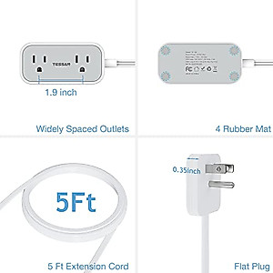 Flat Plug Extension Cord with 3 USB Ports, TESSAN Ultra Thin Power Strip with 2 AC Outlets Cruise Ship Essentials, Small 5 ft Low Profile Outlet Concealer for Travel Office School Dorm Room Essentials