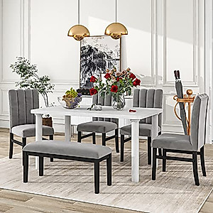 KoiHome 6-Piece Marble Veneer 4 Flannelette Upholstered Chairs & Bench with Cushion, East-West Furniture Dining Room Restaurant Table Set, Set of 6 (White+Gray)