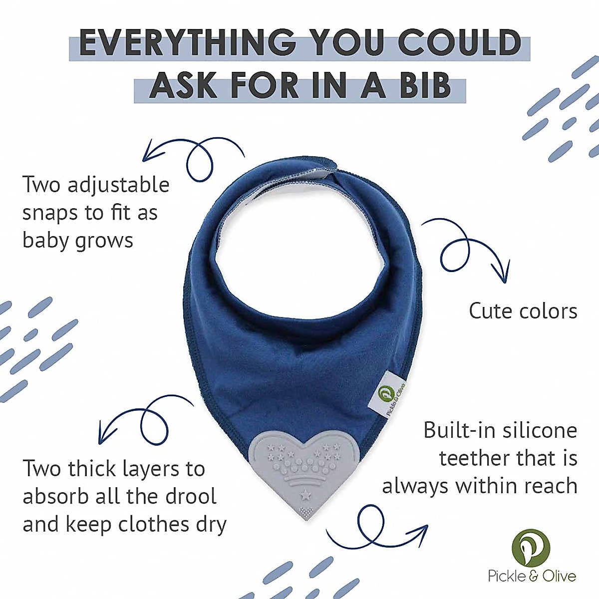 Pickle & Olive Baby Bandana Teething Bibs with Attached Silicone Teether - Set Of 4 -Solid Blues